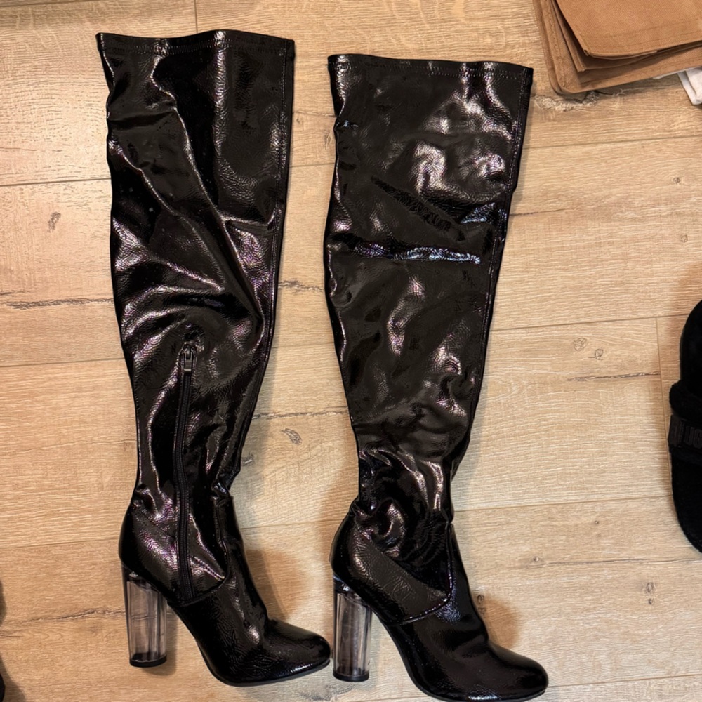 Chic Black Patent Leather Thigh-High Boots - Gem